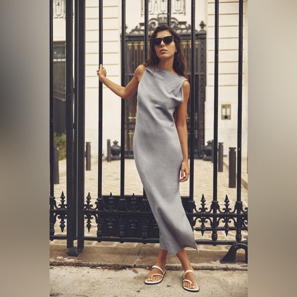 Zara | Dresses | Nwt Zara Linen Blend Ruched Dress In Gray | Poshmark